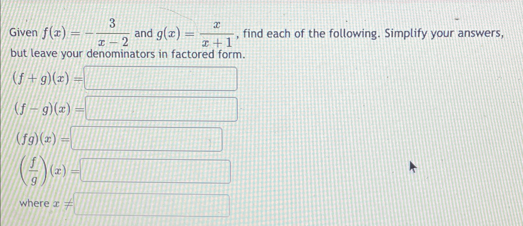 Solved Given f(x)=-3x-2 ﻿and g(x)=xx+1, ﻿find each of the | Chegg.com