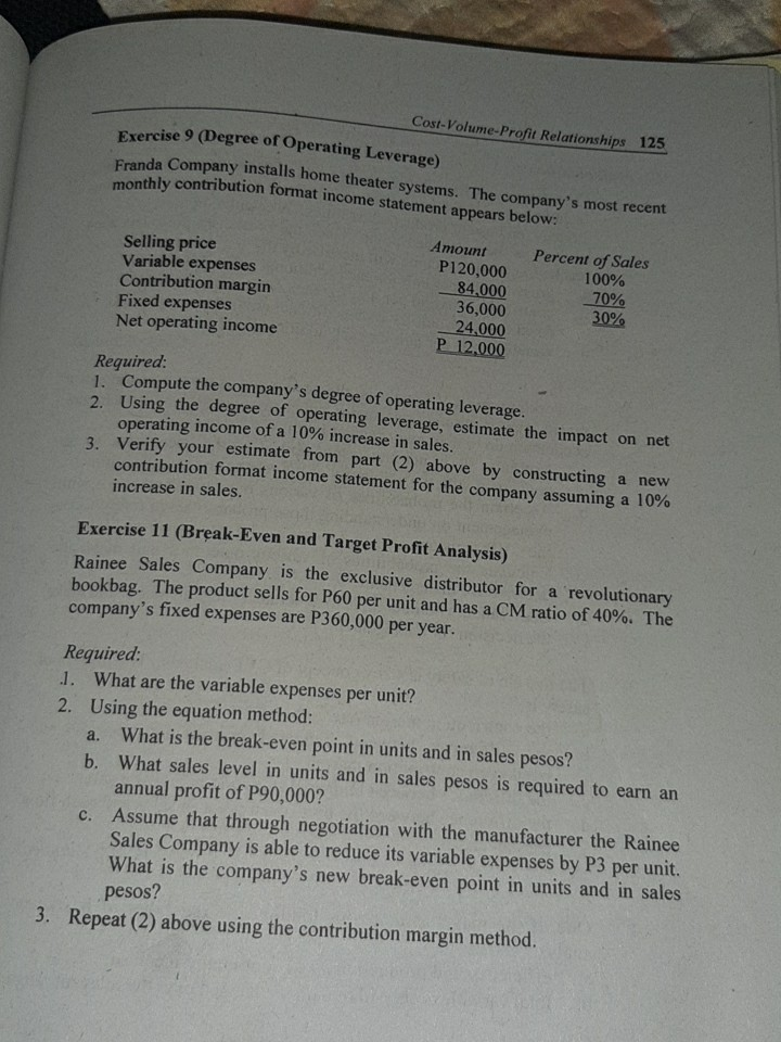 Solved Exercise 9 (Degree of Operating Leverage) | Chegg.com