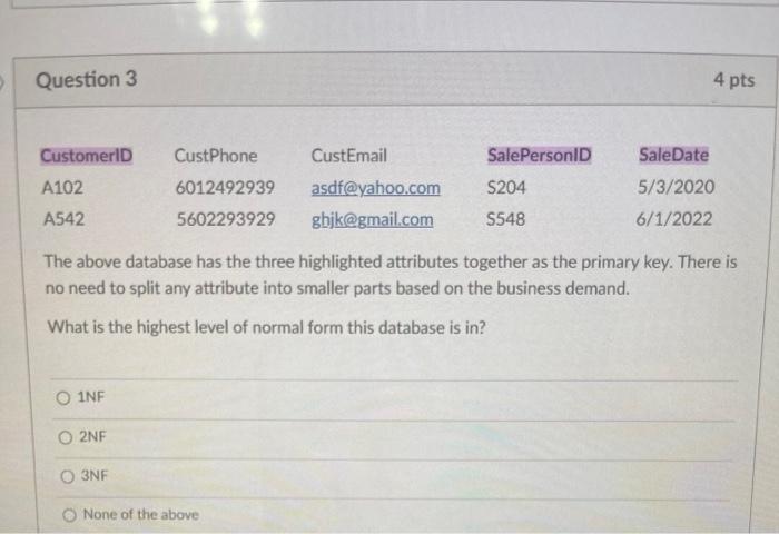 Solved Question 3 Customer D A102 A542 O 1NF O2NF CustPhone | Chegg.com