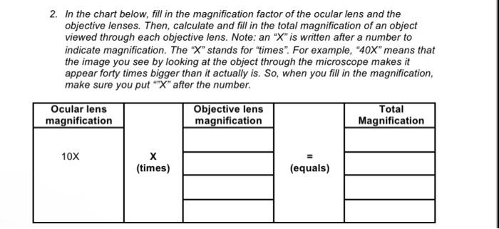 Solved 2. In the chart below, fill in the magnification | Chegg.com