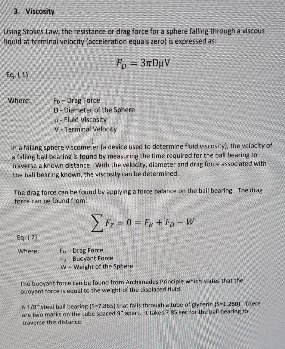 Solved Using Stokes Law, the resistance or drag force for a | Chegg.com