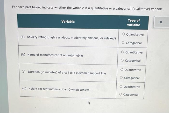 Solved For each part below, indicate whether the variable is | Chegg.com