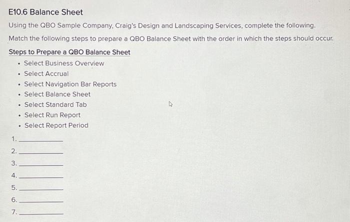 Solved . E10.6 Balance Sheet Using the QBO Sample Company, | Chegg.com