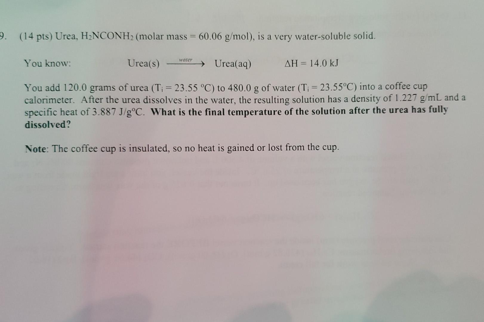 Solved 9. (14 pts) Urea, H2NCONH2 (molar mass = 60.06 | Chegg.com