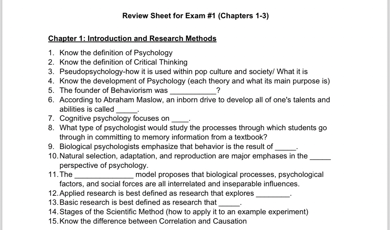 Solved Review Sheet for Exam #1 (Chapters 1-3)Chapter 1: | Chegg.com