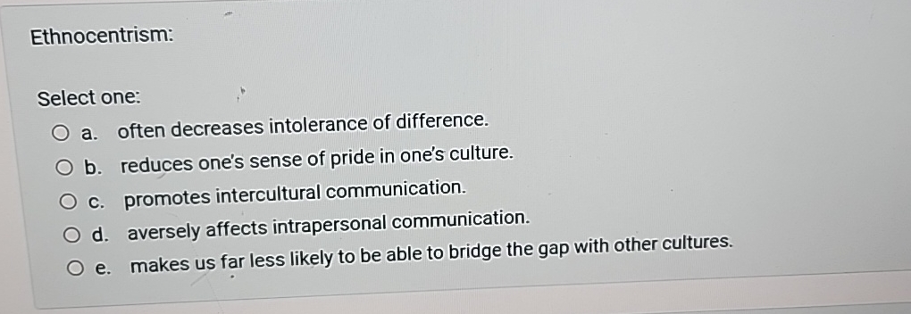 Solved Ethnocentrism:Select one:a. ﻿often decreases | Chegg.com