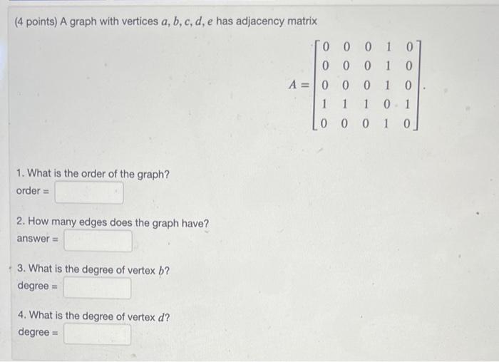 Solved (4 points) A graph with vertices a,b,c,d,e has | Chegg.com