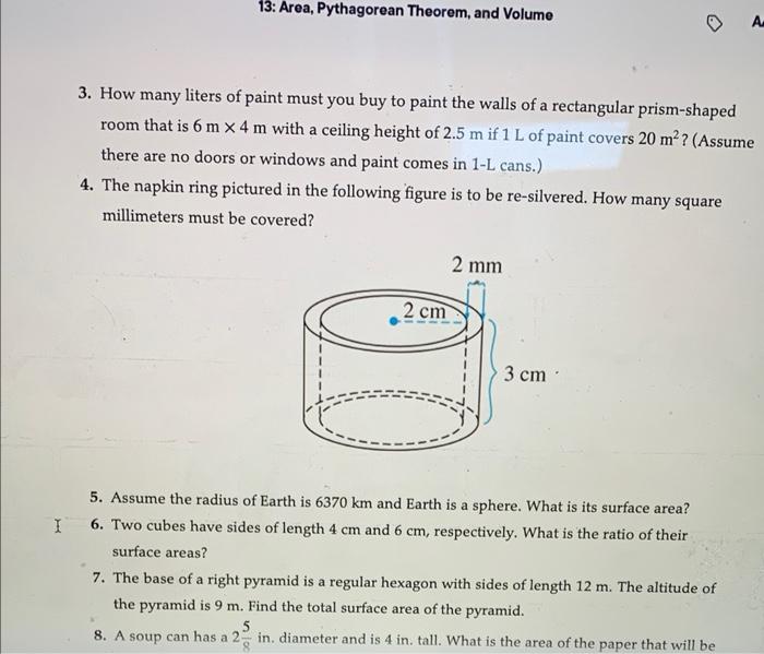 Solved 13: Area, Pythagorean Theorem, and Volume 3. How many | Chegg.com