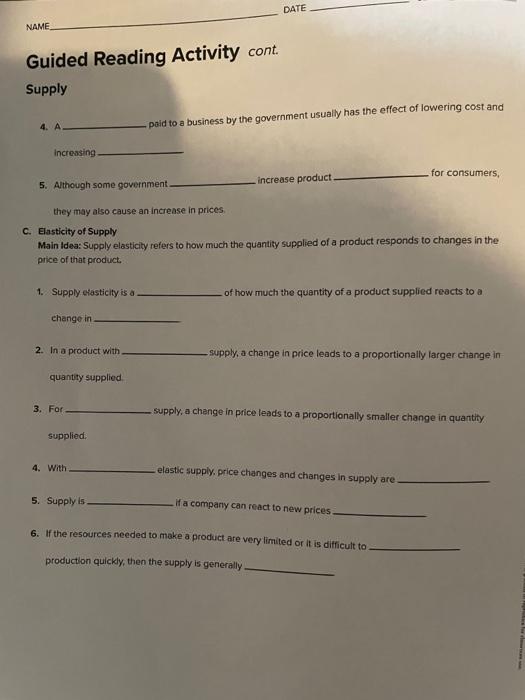 Solved DATE Guided Reading Activity cont. Supply 4. A poid | Chegg.com