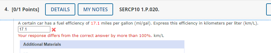 Solved [0/1 ﻿Points]SERCP10 1.P.020.Your response differs | Chegg.com