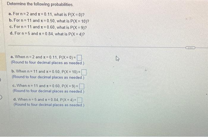 Solved Determine the following probabilities. a. For n=2 and | Chegg.com