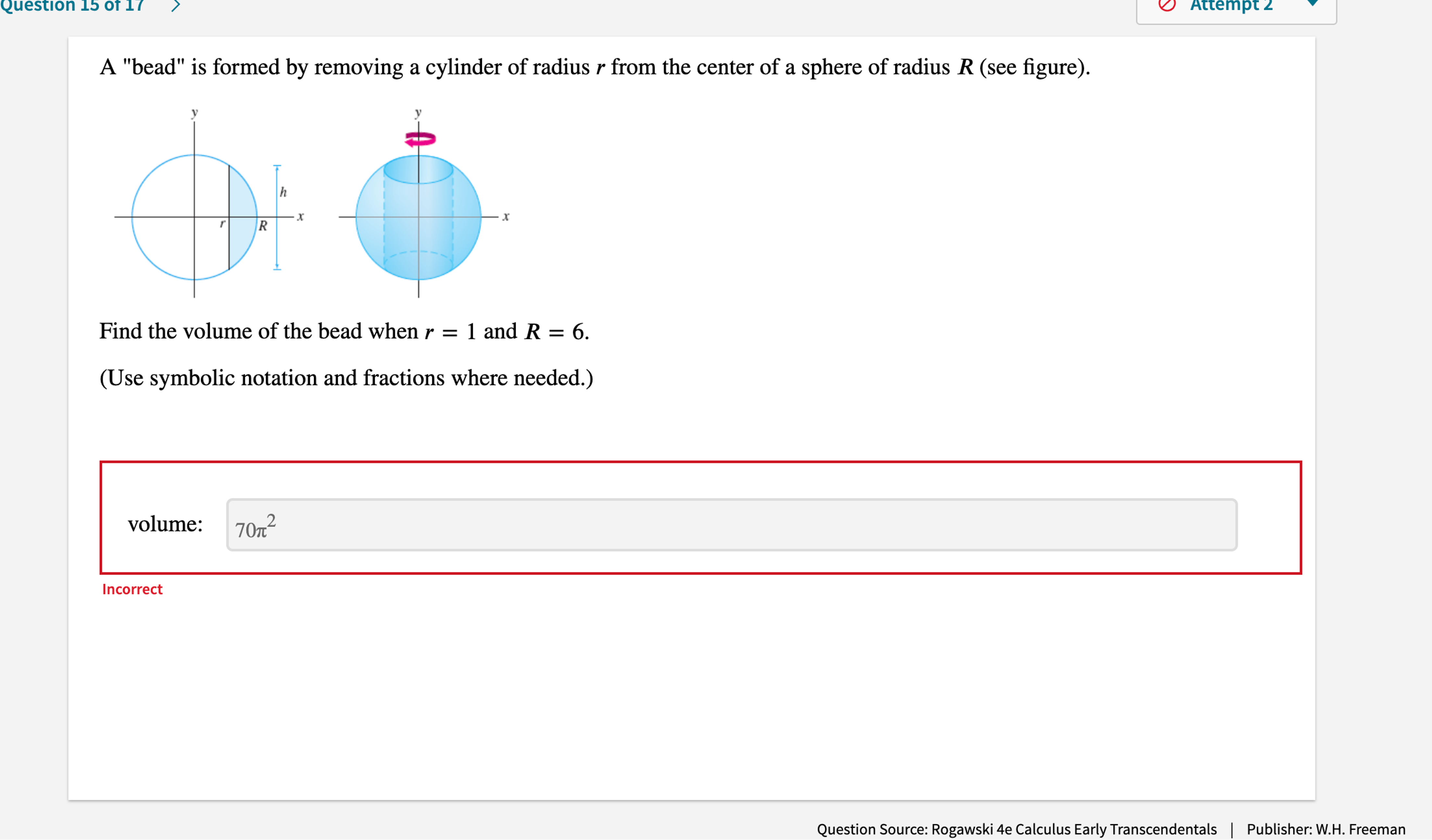 Solved A "bead" is formed by removing a cylinder of radius r | Chegg.com