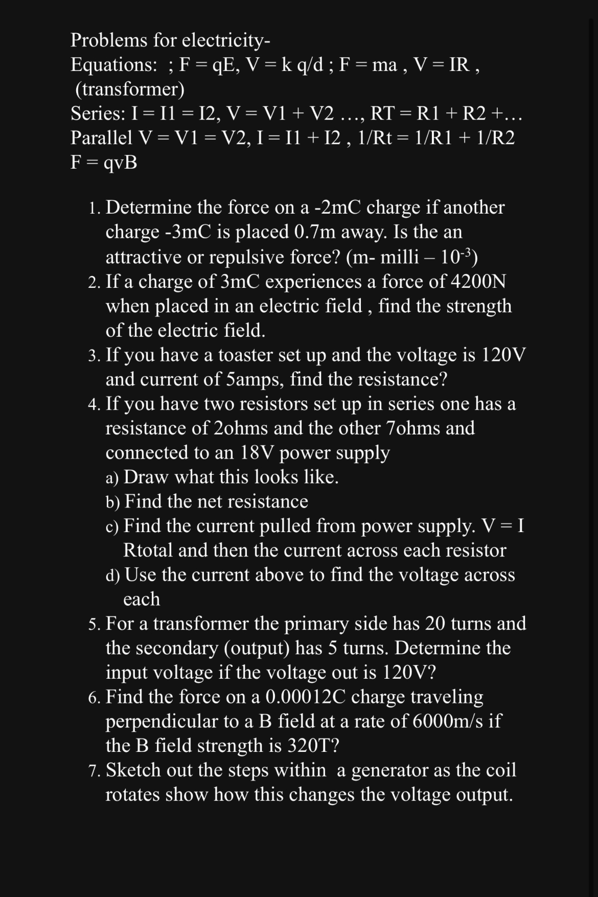 Solved Problems for electricity-Equations: | Chegg.com