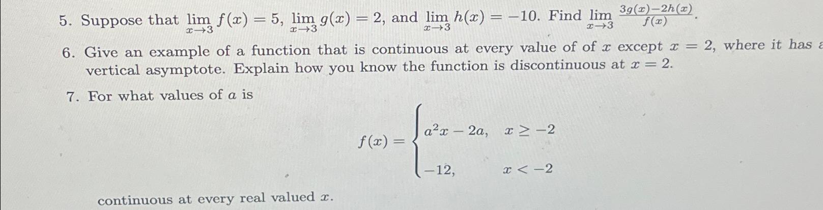 Solved Suppose that limx→3f(x)=5,limx→3g(x)=2, ﻿and | Chegg.com