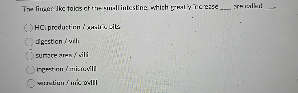Solved The finger-like folds of the small intestine, which | Chegg.com