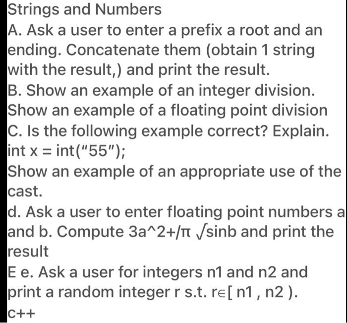 Solved Strings and Numbers A. Ask a user to enter a prefix a | Chegg.com