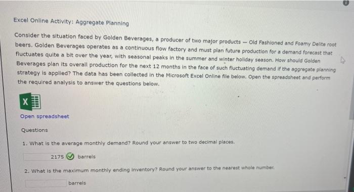 Solved 0 Excel Online Activity: Aggregate Planning Consider | Chegg.com