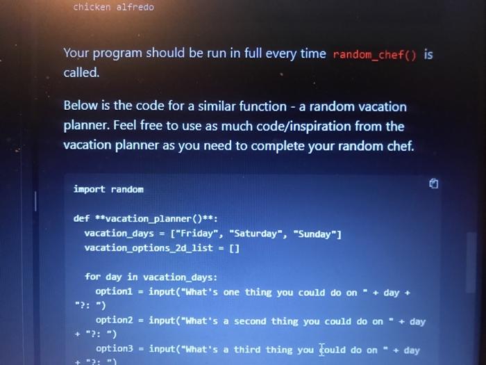 Solved Random Chef Write a function called random_chef() | Chegg.com