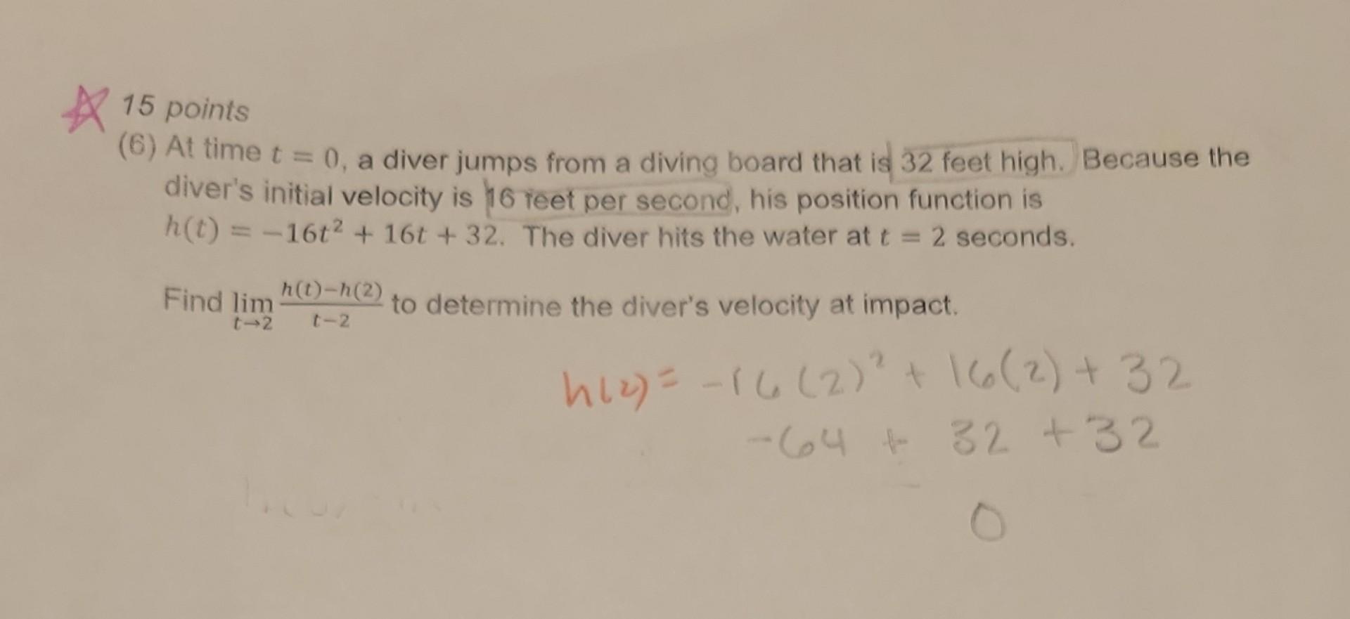 Solved 15 points (6) At time t=0, a diver jumps from a | Chegg.com