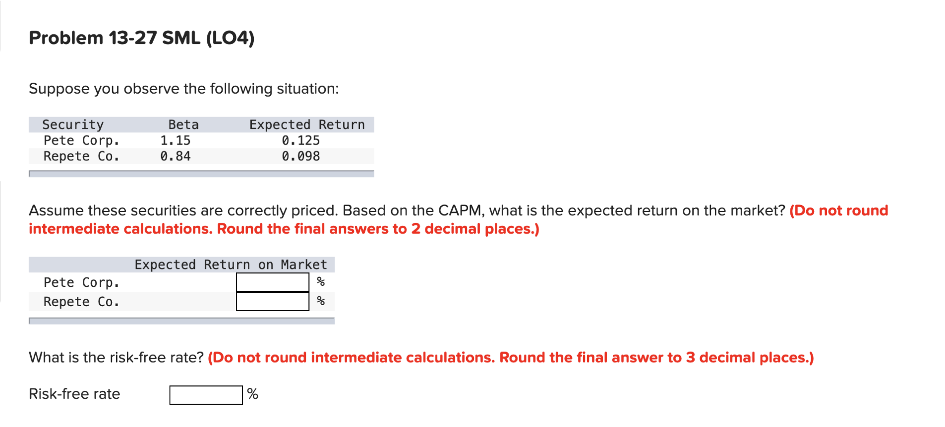 Solved Problem 13-27 ﻿SML (LO4)Suppose you observe the | Chegg.com