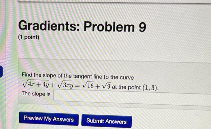 Solved Gradients: Problem 9 (1 point) Find the slope of the | Chegg.com