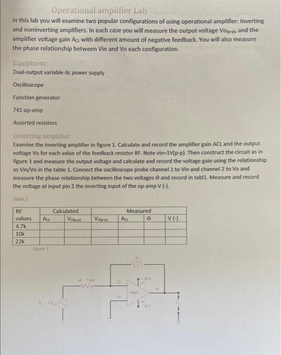 Solved Operational amplifier Lab In this lab you will | Chegg.com
