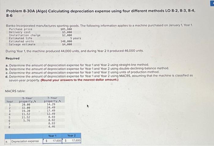 Solved Problem 8-30A (Algo) Calculating depreciation expense | Chegg.com
