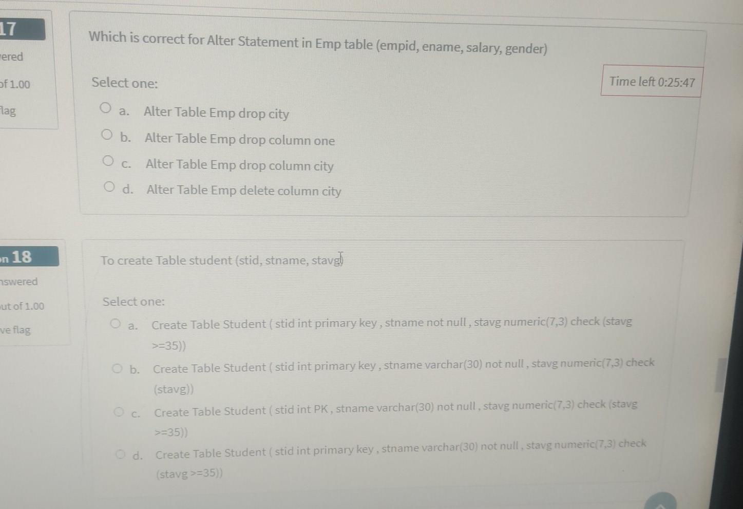 Solved 17 Which is correct for Alter Statement in Emp table | Chegg.com