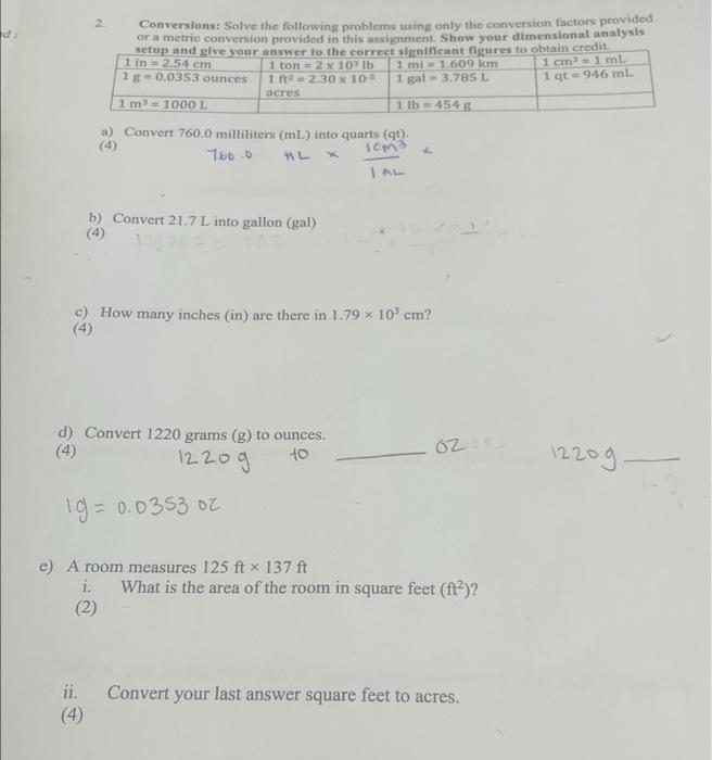 Solved 2. Conversions: Solve the following problems using | Chegg.com