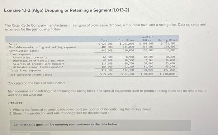 Solved Exercise 13-2 (Algo) Dropping or Retaining a Segment | Chegg.com