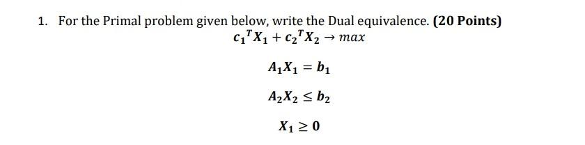 Solved 1. For the Primal problem given below, write the Dual | Chegg.com