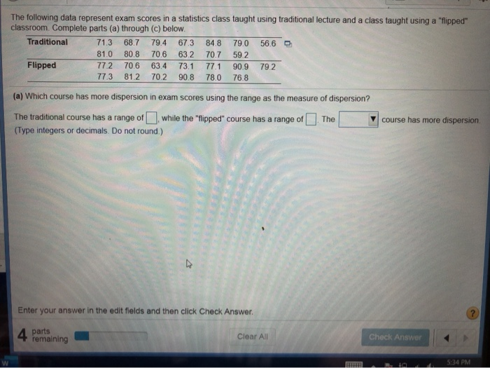 Solved The following data represent exam scores in a | Chegg.com