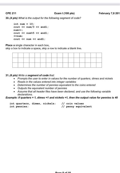 Solved February 7,8 201 CPE 211 Exam I (100 pts) 30.(4 pts) | Chegg.com
