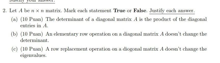 Solved 2. Let A ben x n matrix. Mark each statement True or | Chegg.com