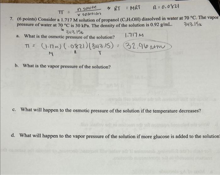Solved 7. (6 points) Consider a 1.717M solution of propanol | Chegg.com