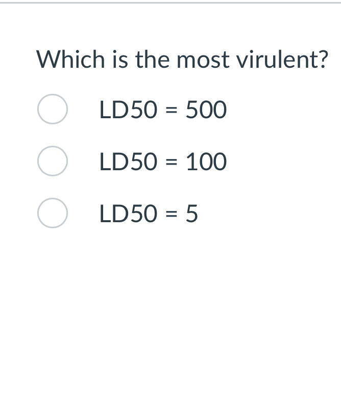 Solved Which is the most virulent?LD50=500LD50=100LD50=5 | Chegg.com
