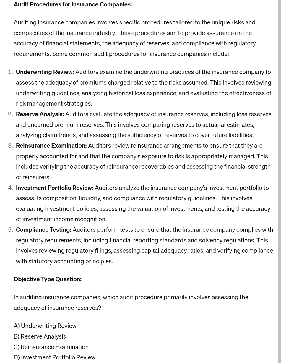 Solved Audit Procedures for Insurance Companies:Auditing | Chegg.com