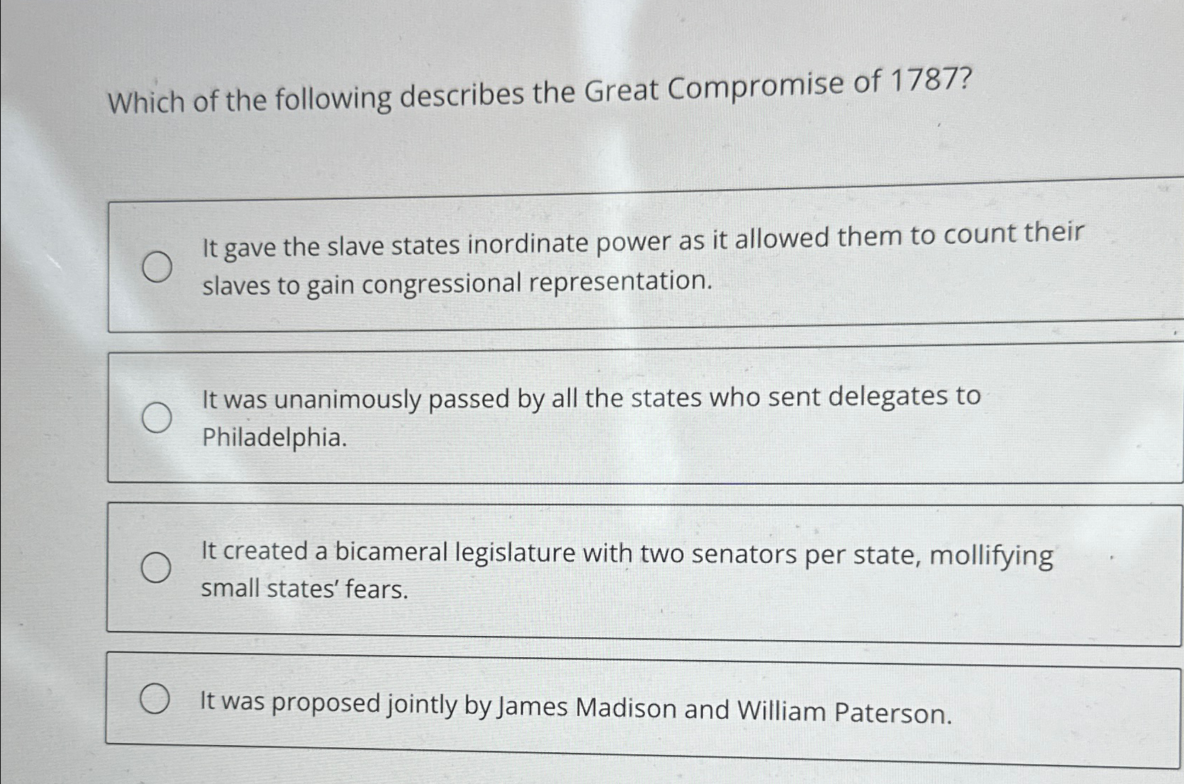 Solved Which of the following describes the Great Compromise | Chegg.com