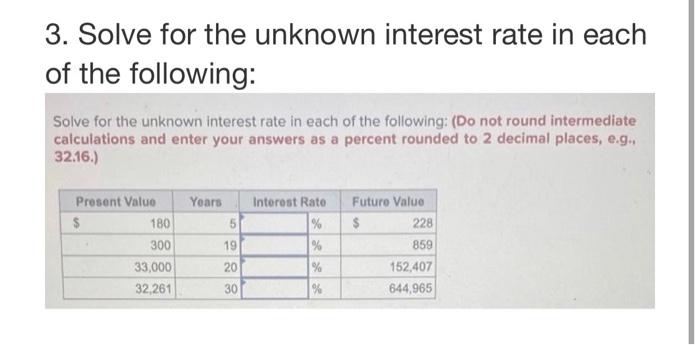 Solved 3. Solve for the unknown interest rate in eachof the | Chegg.com