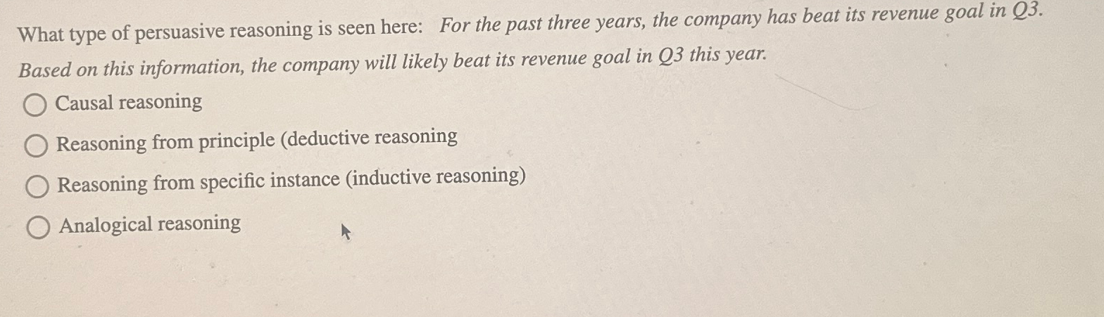 Solved What type of persuasive reasoning is seen here: For | Chegg.com