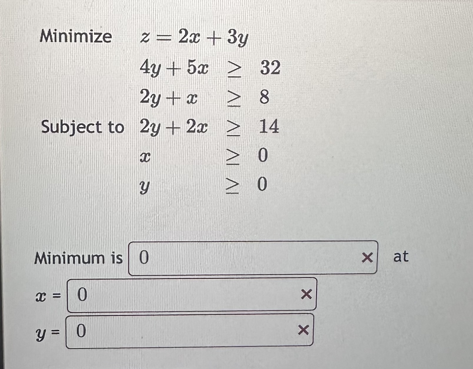 Solved Minimize Z 2x 3y 4y 5x≥32 2y X≥8 subject