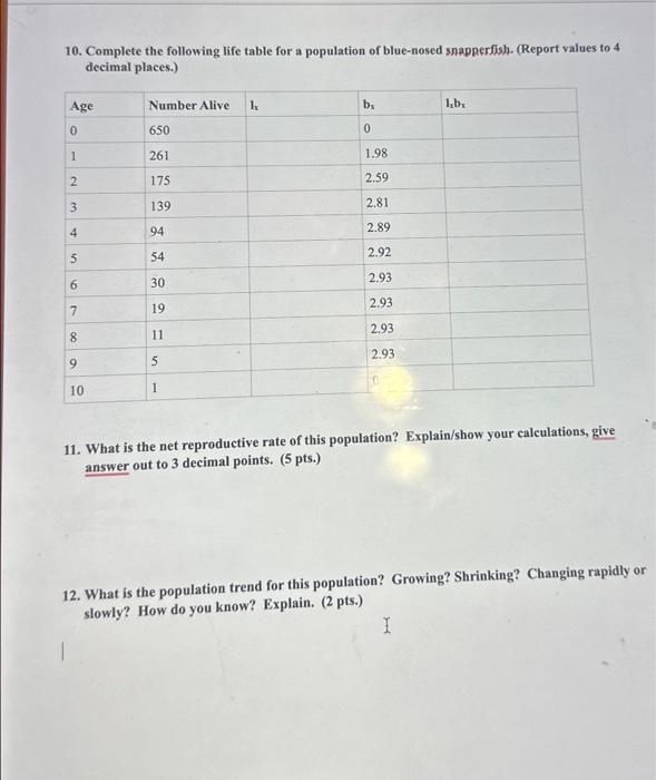 Solved 10. Complete the following life table for a | Chegg.com