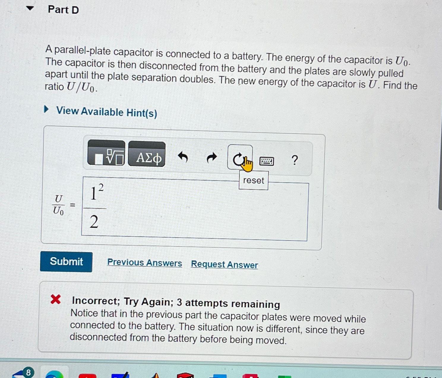 Solved Part Da Parallel Plate Capacitor Is Connected To A