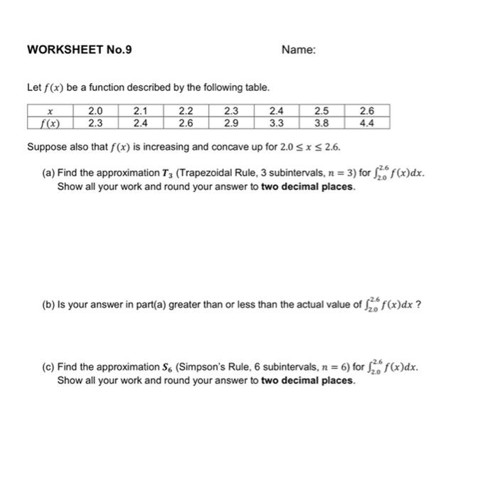 Solved WORKSHEET No.9 Let f(x) be a function described by | Chegg.com