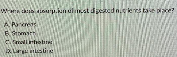 Solved Where does absorption of most digested nutrients take | Chegg.com