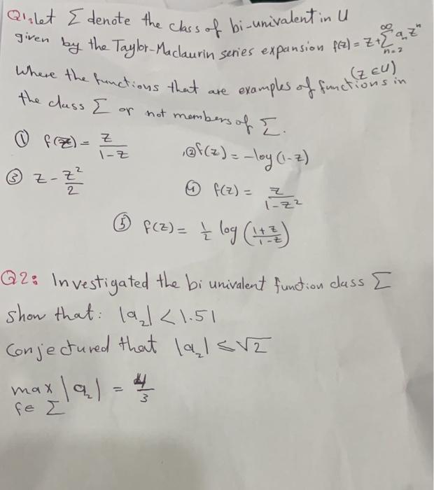 Q2: Investigated the bi univalent function dass ∑ | Chegg.com