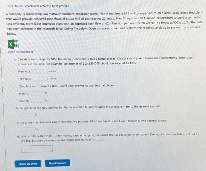 Solved Excel Online Structured Activity: NPV profiles A | Chegg.com