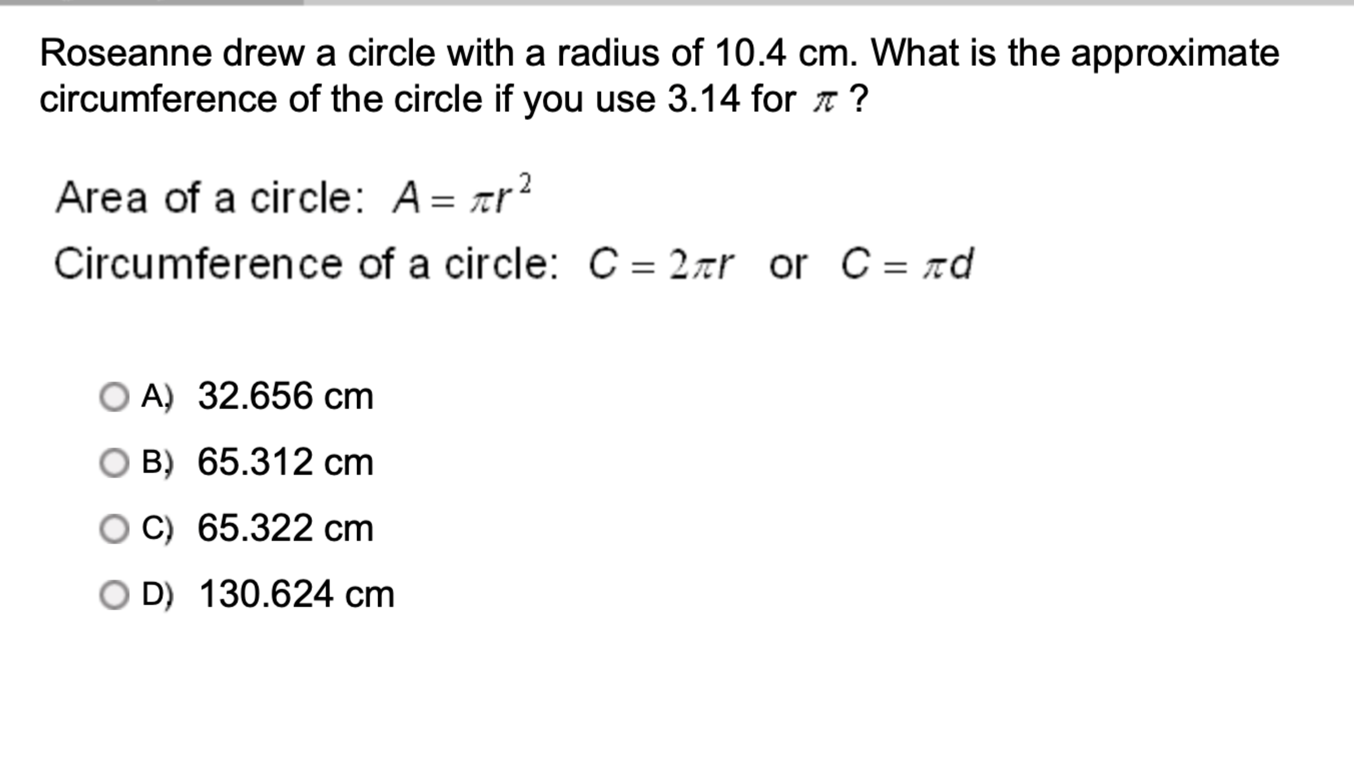 Solved Roseanne drew a circle with a radius of 10.4cm. ﻿What | Chegg.com