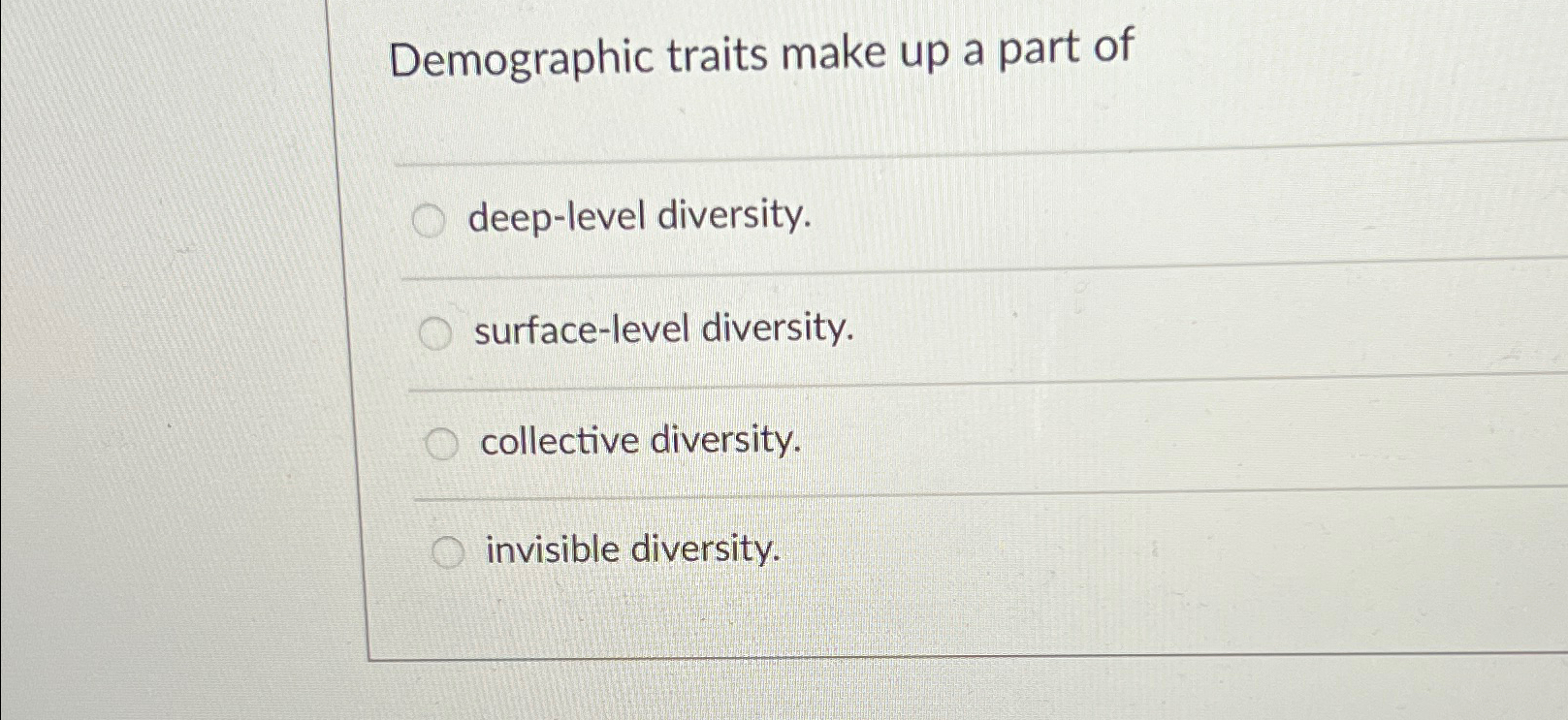 Solved Demographic traits make up a part ofdeep-level | Chegg.com