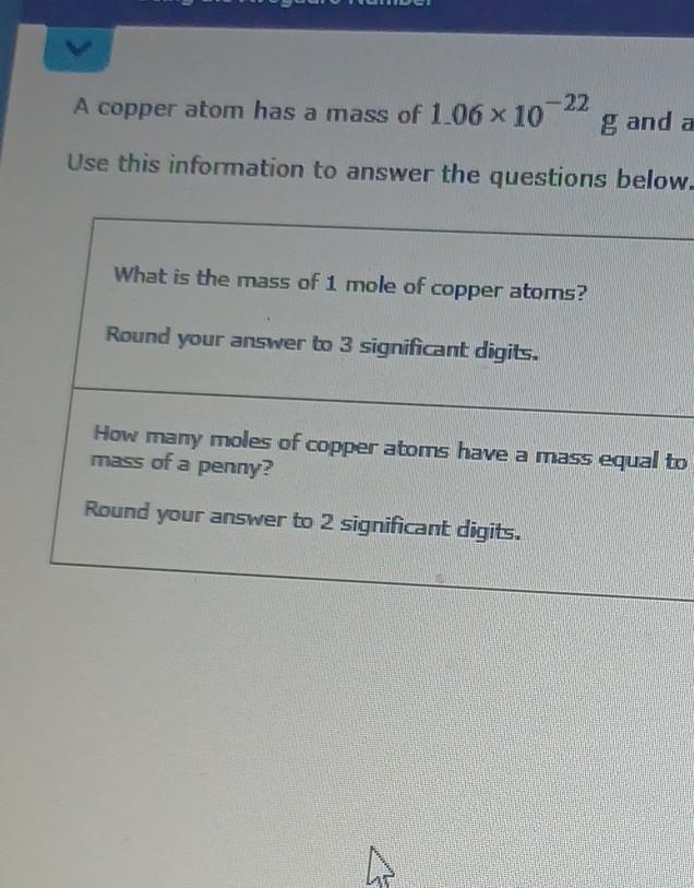 Solved A copper atom has a mass of 1.06×10−22 g and Use this | Chegg.com